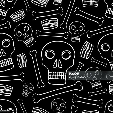 검은 색 배경에 흰색 윤곽 두개골과 뼈 매끄러운 패턴 흑백 실루엣 벡터 손 도면 텍스처 검은색에 대한 스톡 벡터 아트 및 기타 이미지 Istock