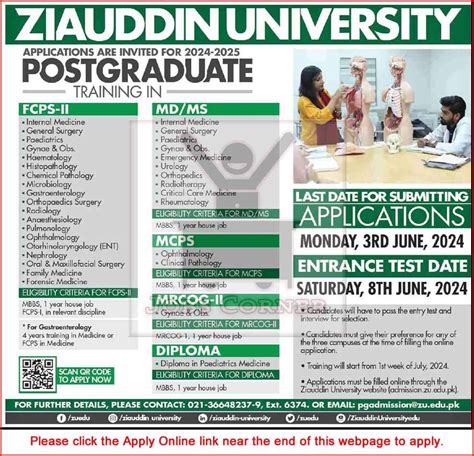 Ziauddin University Karachi Postgraduate Training 2024 Jobs Corner