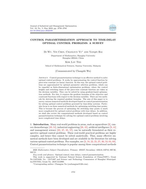 Pdf Control Parameterization Approach To Time Delay Optimal Control