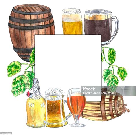 흰색 배경에 맥주의 수채화 손으로 그린 그림 유리 머그잔 병 홉 웹 포스터 메뉴 파티 초대 양조장 또는 바 펍 라벨에 대한 정장