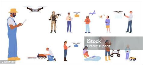 다양한 직업 취미 직업의 다양한 사람들 만화 캐릭터 드론을 사용하여 고립 된 큰 세트 Multicopter에 대한 스톡 벡터