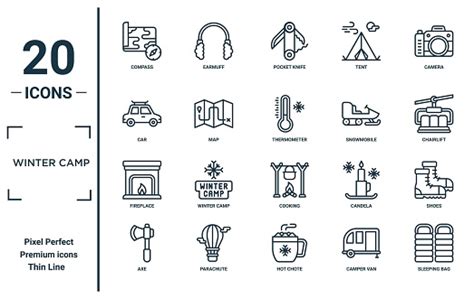 겨울 캠프 선형 아이콘 세트입니다 얇은 선 나침반 자동차 벽난로 도끼 침낭 온도계 보고서 프리젠 테이션 다이어그램 웹 디자인을위한 신발 아이콘을 포함합니다 0명에 대한 스톡