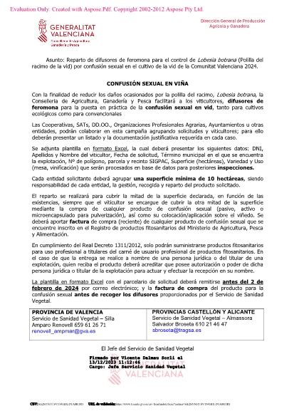 Carta inicio reparto confusion sexual Lobesia viña firmado