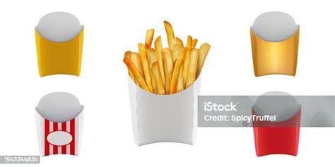 3d 감자튀김 상자 브랜딩 감자 스틱 또는 칩 구운 음식 현실적인 노란색 또는 빨간색 종이 모형 바삭한 튀김 정크 밀 패스트 푸드 골판지 포장 벡터 패키지 세트 3차원