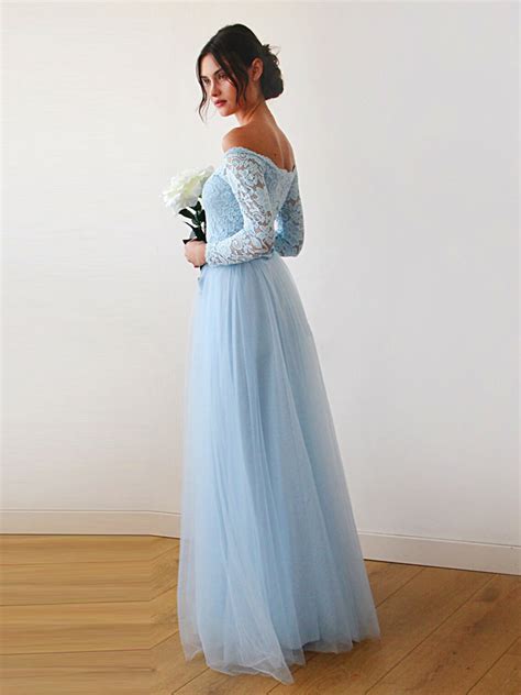 Light Blue Off The Shoulder Lace And Tulle Gown Pastel Wedding Dress