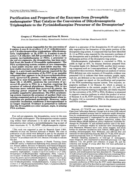 Pdf Purification And Properties Of The Enzymes From Drosophila Melanogaster That Catalyze The