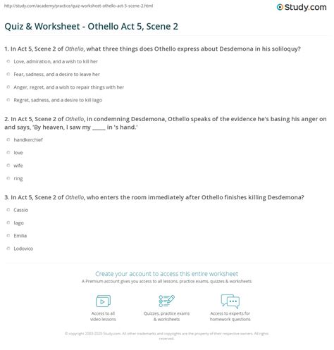 Quiz And Worksheet Othello Act 5 Scene 2