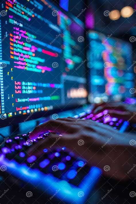 Computer Programming In Machine Learning With Colorful Syntax Highlighting Hands Typing On