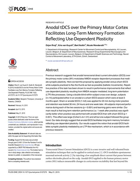 Pdf Anodal Tdcs Over The Primary Motor Cortex Facilitates Long Term Memory Formation