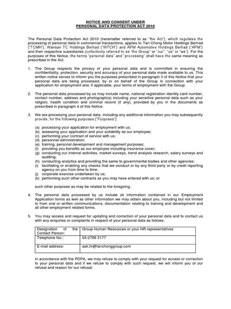Pdpa Consent Form 2010 Amended On 17082017 Pdf Information Privacy Employment