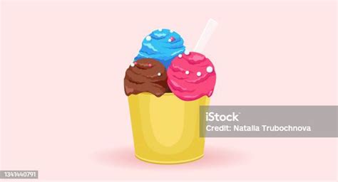 핑크 초콜릿 블루 아이스크림의 노란색 컵 분홍색 배경에 세 개의 공으로 만든 맛있는 아이스크림 3가지 개체에 대한 스톡 벡터 아트 및 기타 이미지 Istock
