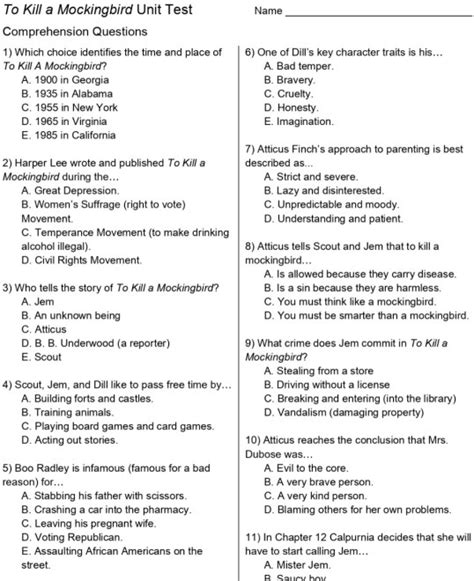 To Kill A Mockingbird Unit Test Ready To Print Pdf
