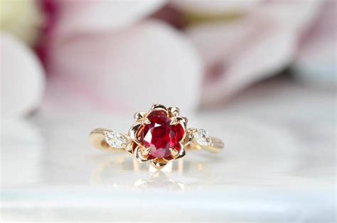 Engagement Ring Ruby Floral Design With Vivid Red Ruby