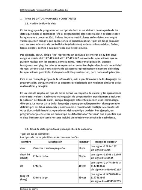 Tipos De Datos Variables Y Constantes Pdf Lenguaje De Programación