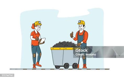 직장에서 광부 추출 산업 직업 작업 직업 광산 관리자 문자 쓰기 석탄 배치 노동자를 수신 채석장에서 트롤리를 가져온다 선형 사람 벡터 일러스트레이션 건설업자에 대한 스톡