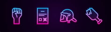 주먹을 꽉 쥔 채 손을 들어 투표 문서 경찰 헬멧 깨진 병을 무기로 설정합니다 빛나는 네온 아이콘입니다 벡터 Revolution에 대한 스톡 벡터 아트 및 기타 이미지