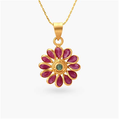 Subtle Floral Emerald And Ruby Pendant And Earrings Set