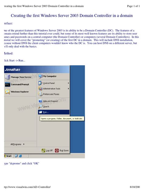 Steps How To Create Domain Server In Win2003server Pdf Domain Name System Ip Address