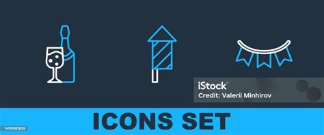 깃발 샴페인 병 불꽃놀이 로켓 아이콘이 있는 라인 카니발 화환을 설정합니다 벡터 갈란드 장식품에 대한 스톡 벡터 아트 및 기타 이미지 갈란드 장식품 공휴일 기