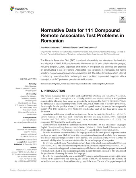 Pdf Normative Data For 111 Compound Remote Associates Test Problems