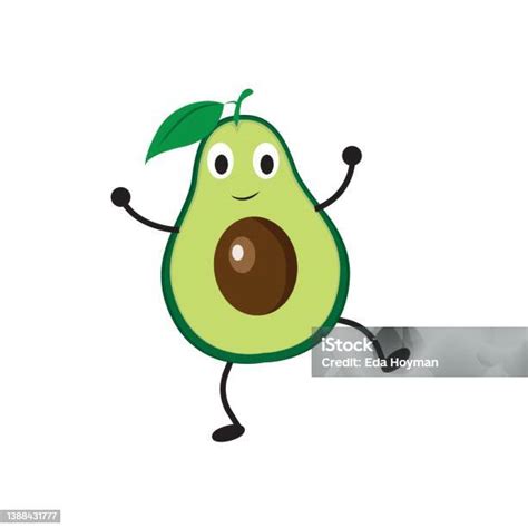 귀여운 행복 한 아보카도 캐릭터 플랫 스타일로 재미있는 미소 아보카도 만화 이모티콘 과일 건강한 음식 벡터 일러스트레이션 가공의 인물에 대한 스톡 벡터 아트 및 기타 이미지