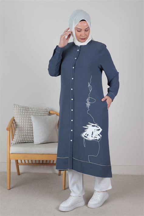 Eslİmaymoda Büyük Beden Tesettür Baskılı Aerobin Kap 2521 Duman Mavisi