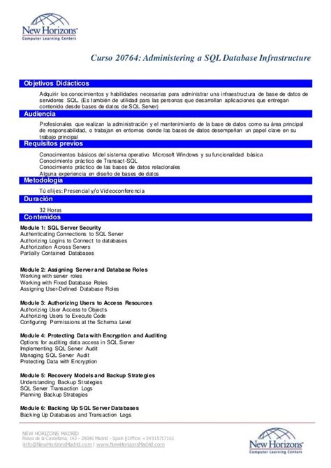 Curso 20764 Administering A Sql Database Infrastructure New Horizons