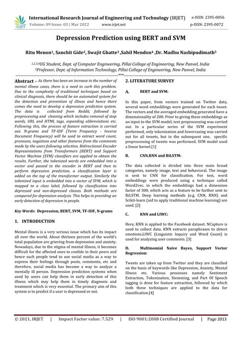 Depression Prediction Using Bert And Svm Pdf Mental Health Diseases And Conditions