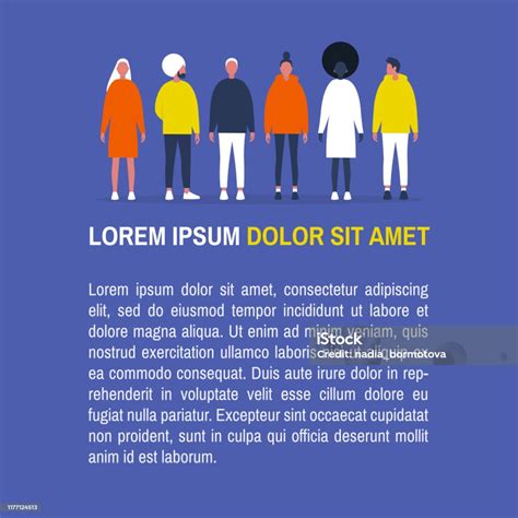 로렘 입섬 여기에 텍스트 한 무리의 청년 성인들이 줄을 서 있다 다양성 커뮤니티 팀 워크 문서 일러스트레이션 디자인 디지털
