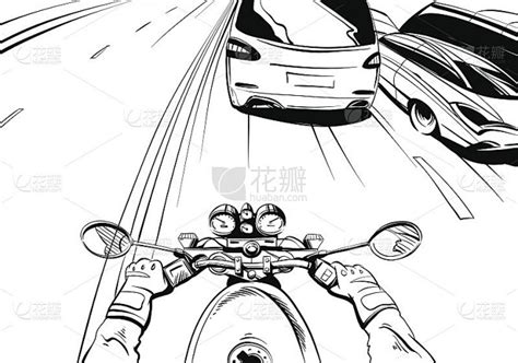 骑摩托车的人骑摩托车。手绘漫画矢量插图