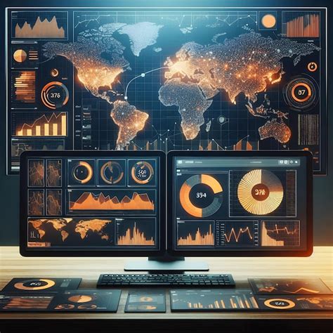 Dual Monitor Setup With Data Analytics Visualizations And Global Connectivity Map In Hightech
