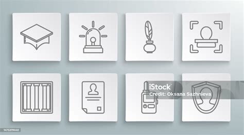 세트 라인 감옥 창 점멸 사이렌 식별 배지 워키 토키 사용자 보호 깃털과 잉크 병 얼굴 인식 및 졸업 모자 아이콘 벡터 건강관리와 의술에 대한 스톡 벡터 아트 및 기타