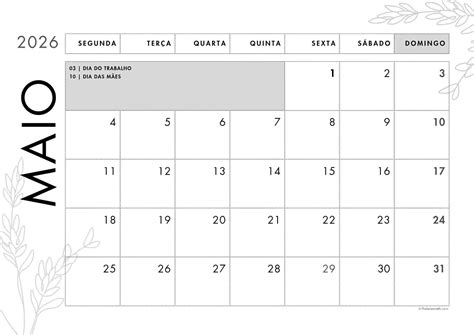 Calendário Mensal 2026 Em Branco Para Imprimir
