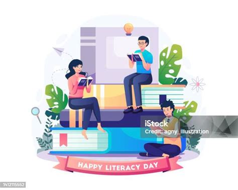 청남 청녀들은 앉아서 함께 공부하는 것을 즐기면서 책을 읽는다 국제 문맹 퇴치의 날 컨셉 디자인 평면 스타일의 벡터 일러스트 레이 션 교육에 대한 스톡 벡터 아트 및 기타