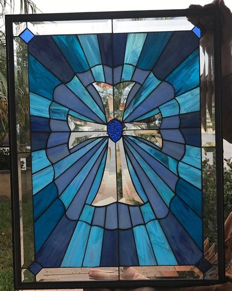 Blue Cross Burst Beveled Stained Glass Window Panel Gothic Etsy