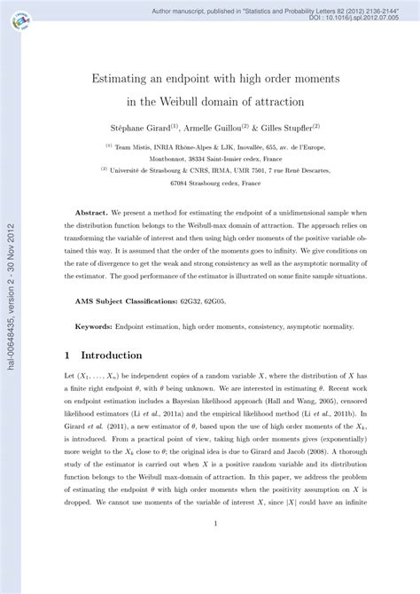 Pdf Estimating An Endpoint With High Order Moments In The Weibull Domain Of Attraction