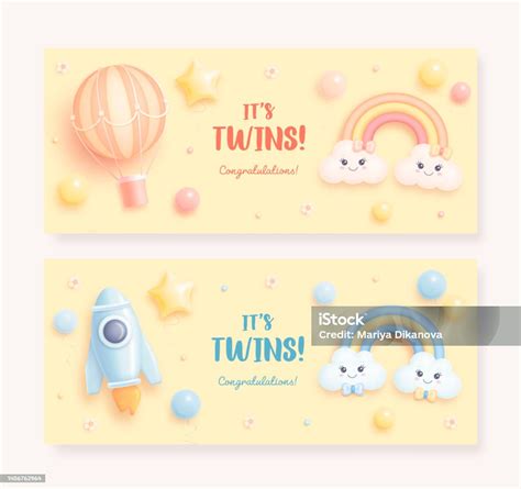 베이지 색 배경에 만화 무지개 구름 열기구 로켓 풍선 및 꽃이있는 베이비 샤워 수평 초대장 쌍둥이입니다 벡터 일러스트 레이 션 0명에 대한 스톡 벡터 아트 및 기타 이미지