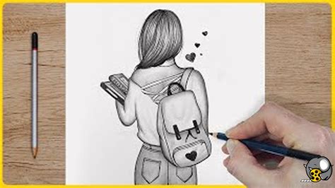 چگونه یک دختر را از پشت بکشیم نقاشی پشت دختر با کیف فیلو