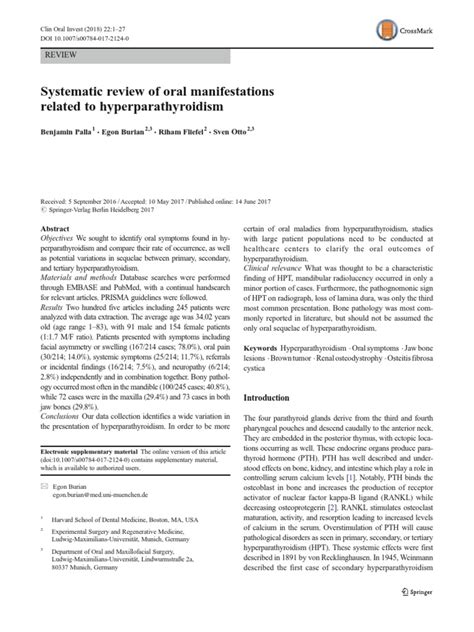 Systematic Review Of Oral Manifestations Related To Hyperparathyroidism Pdf Endocrine System