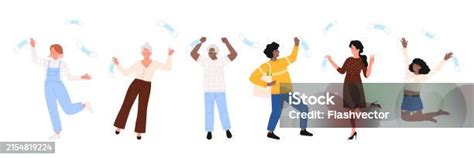 마스크 세트에서 벗어난 행복한 사람들 락다운 종료와 자유를 축하하는 쾌활한 캐릭터 감기와 독감에 대한 스톡 벡터 아트 및 기타 이미지 감기와 독감 개념 건강관리와