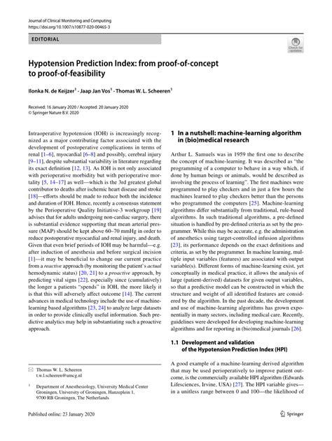 Pdf Hypotension Prediction Index From Proof Of Concept To Proof Of Feasibility