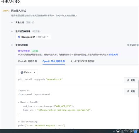 火山引擎 Deepseek R1 Api 使用小白教程 技术栈
