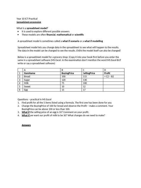 Year 10 Ict Practical Spreadsheet Processing 14 Jan 2025 Pdf