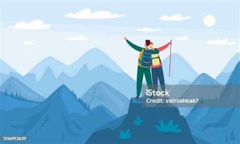 산악 하이킹 언덕 꼭대기에 서있는 관광객 하이킹 및 등반 활동 야외 레크리에이션 산 벡터 일러스트가 있는 풍경 여자에 대한 스톡 벡터 아트 및 기타 이미지 Istock