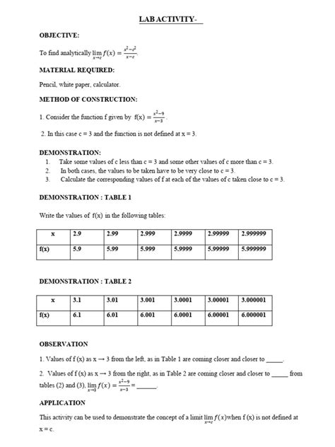 Lab Activities 8 To Find The Limit Of A Function Analytically Pdf