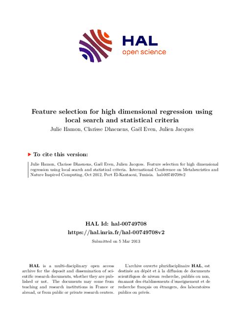 Pdf Feature Selection For High Dimensional Regression Using Local
