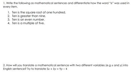 Solved 1 Write The Following As Mathematical Sentences And