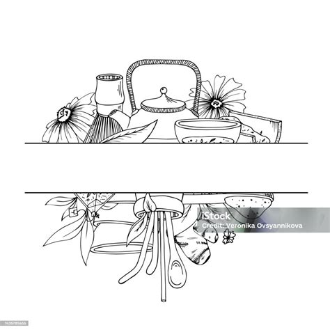 말차와 함께 일본 의식 차 품목을 들고있는 손 벡터 일러스트 레이 션 낙서 얇은 라인 아트 스케치 스타일의 티 파티 세트 Washoku에 대한 스톡 벡터 아트 및 기타