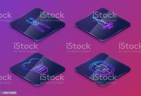 아이소메트릭 라인 치과용 펜치 치과용 임플란트 치과용 의료 주사기 및 치과 보호를 설정합니다 파란색 사각형 버튼입니다 벡터 3