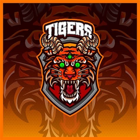 미친 호랑이 E스포츠 및 스포츠 마스코트 로고 디자인 팀 배지 엠블럼 및 티셔츠 인쇄 미친 지옥 호랑이 그림을 격리된 배경색 만화 스타일에 현대적인 일러스트레이션 개념으로